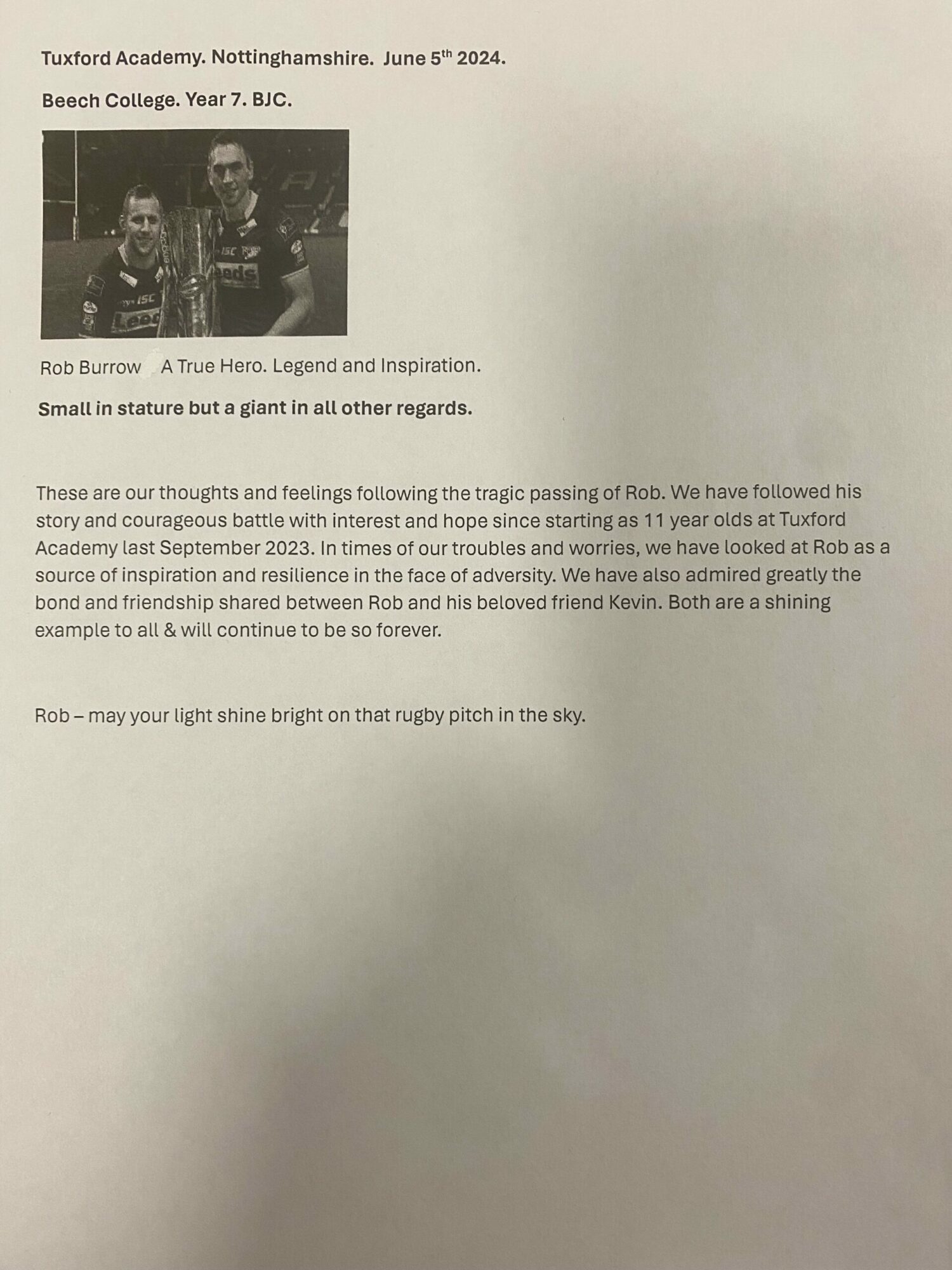 Tributes to Rob Burrows at Headingley - Tuxford Academy